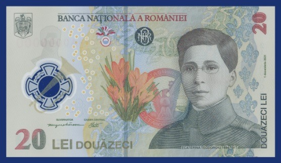Bancnota de 20 de lei, care o ilustrează pe Ecaterina Teodoroiu ...