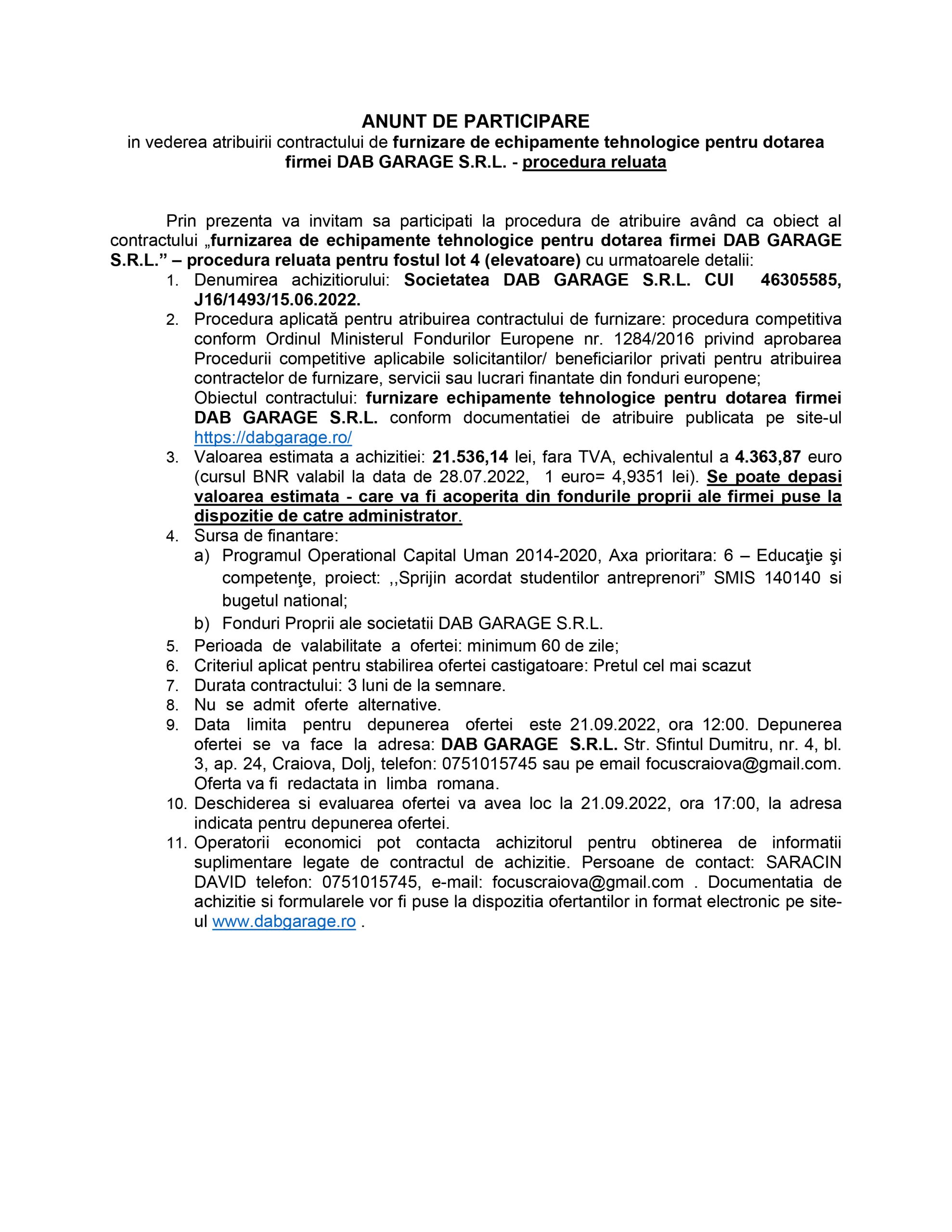 Anunț de participare în vederea atribuirii contractului de furnizare de ...