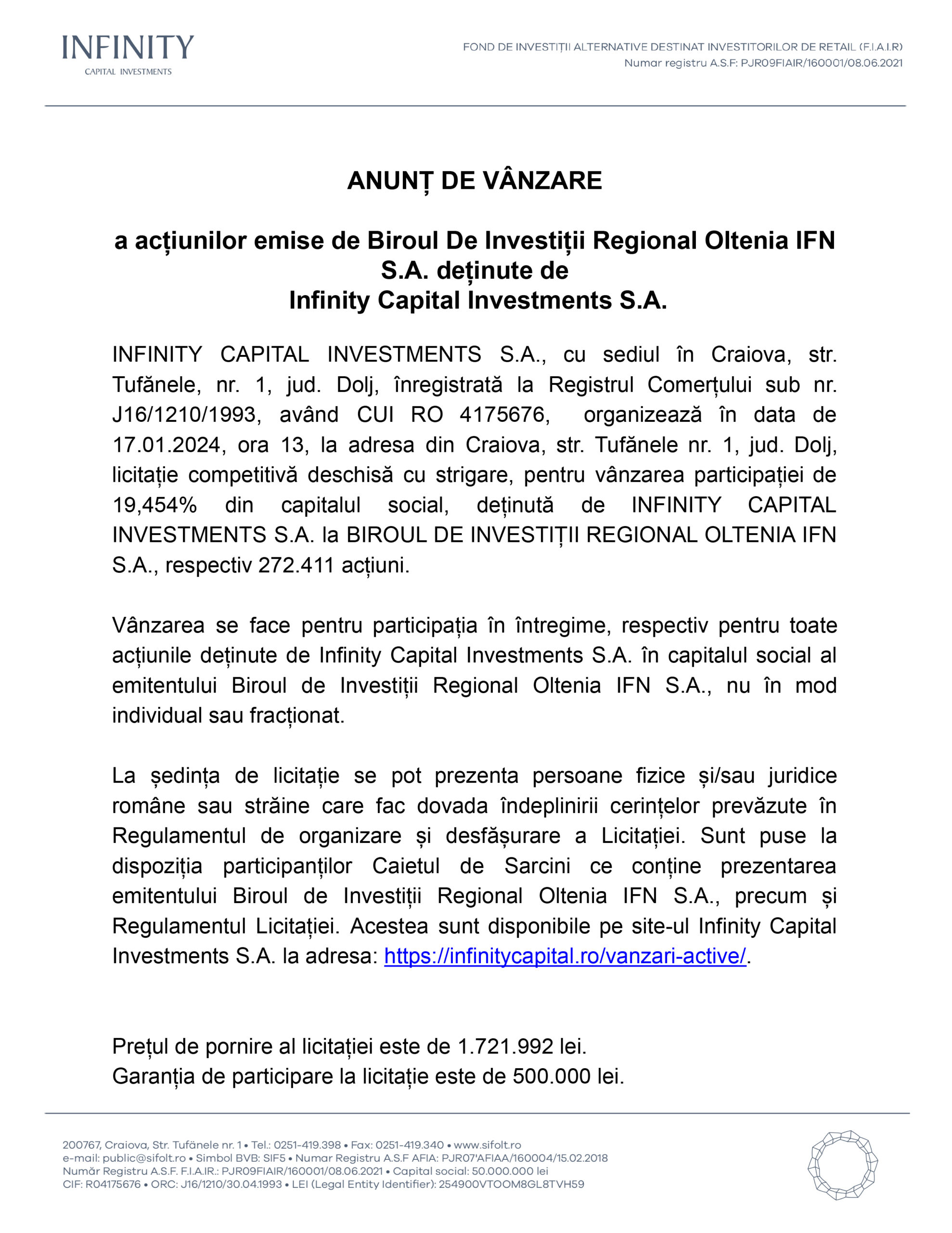ANUNȚ DE VÂNZARE a acțiunilor emise de Biroul De Investiții Regional ...