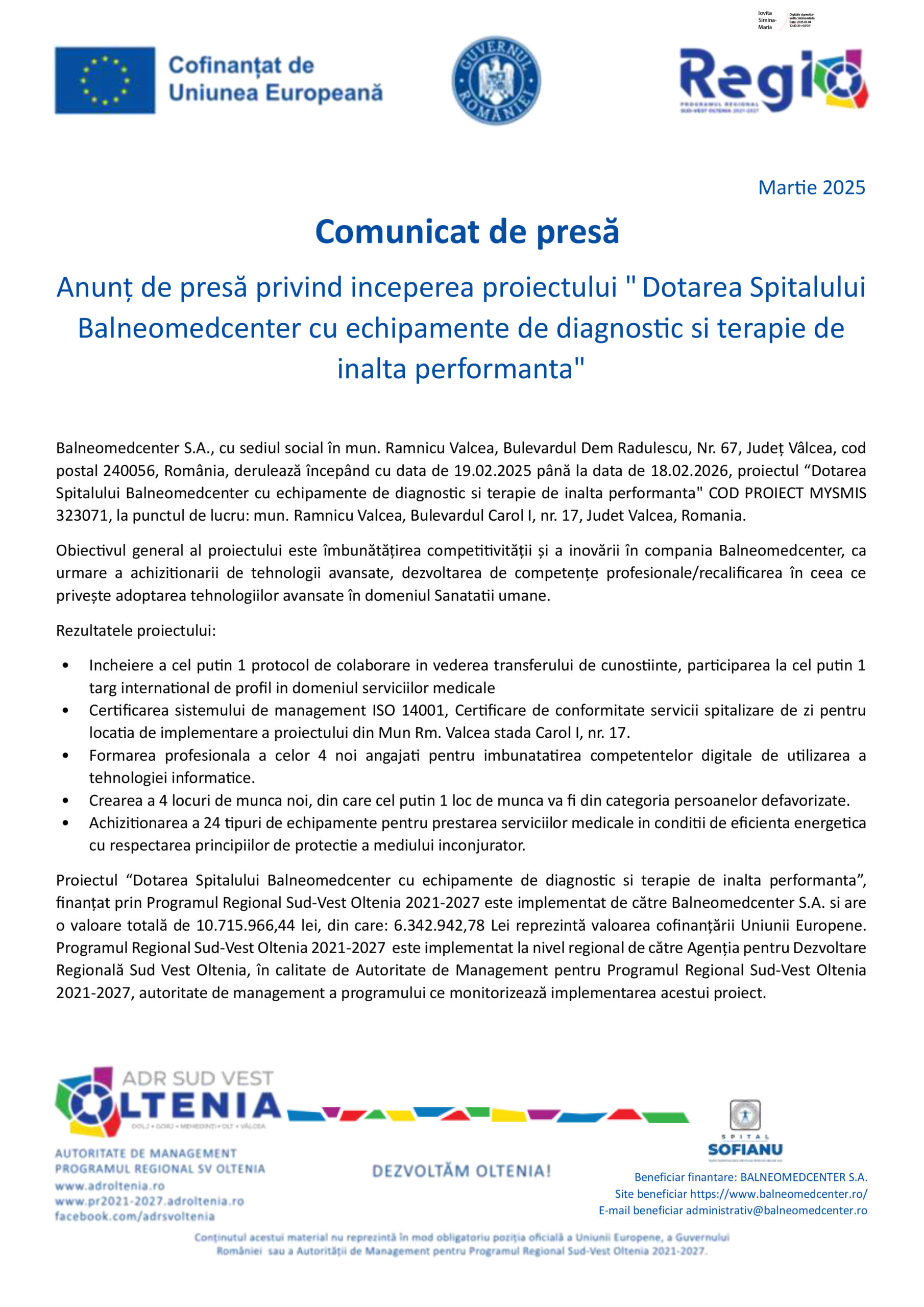Comunicat de presă – Anunț de presă privind începerea proiectului ”Dotarea Spitalului ...