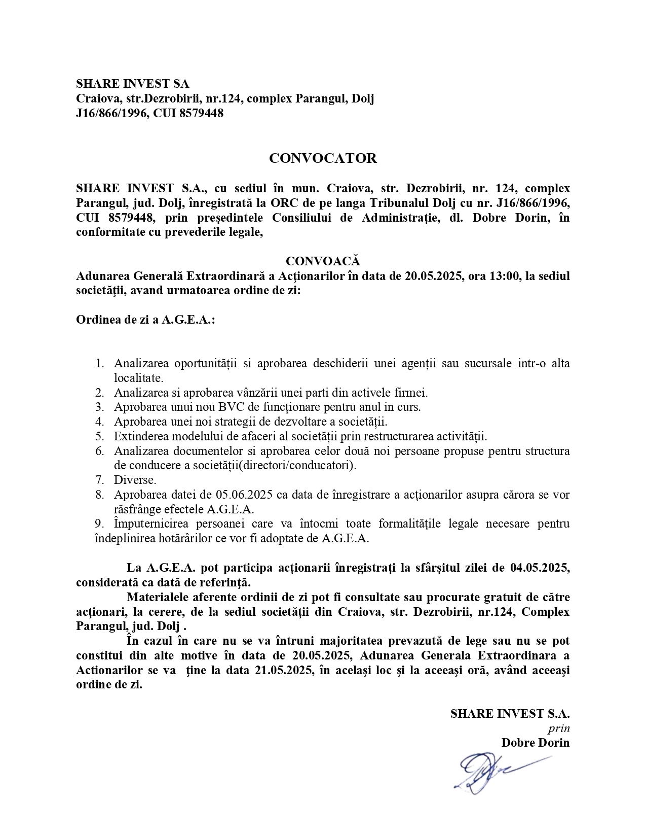 CONVOCATOR – SHARE INVEST S.A.